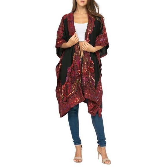 Raj | Kimonos & Yukatas | Embroidered Kimono Black With Red One Size ...